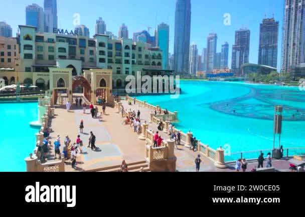 DUBAI, UAE - MARCH 3, 2020: Panorama of Burj Khalifa lake with ...