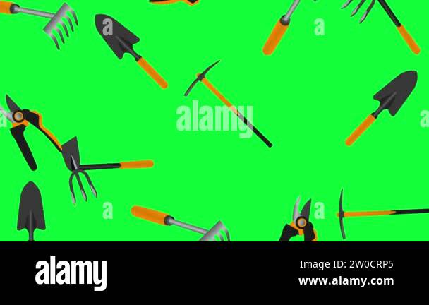 Working gardening tools elements animation, seamless loop on green ...