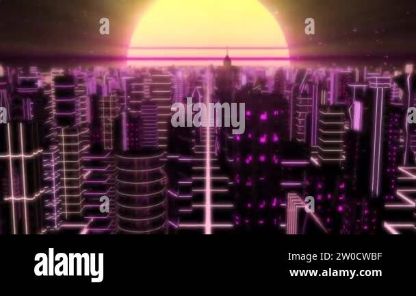Fly Through Neon City Outrun Synthwave Buildings with 80s Retro Sun - 4K Seamless Loop Motion ...