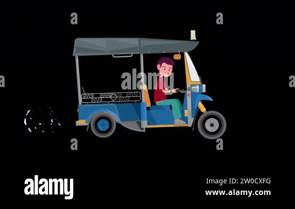 Cartoon tuk tuk with driver animation alpha channel.Funny cartoon ...