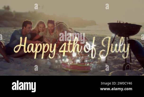 Digital animation of gold Happy 4th of July greeting while background ...