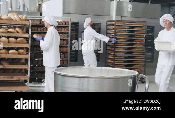 Working day in a bakery industry old baker preparing the dough unloaded ...