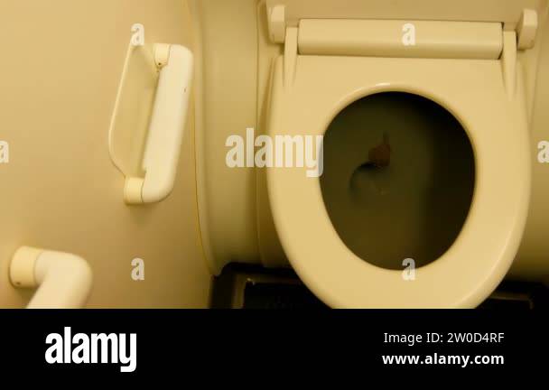 Old toilet cabin on plane. Toilet and flush button. Interior of toilet ...
