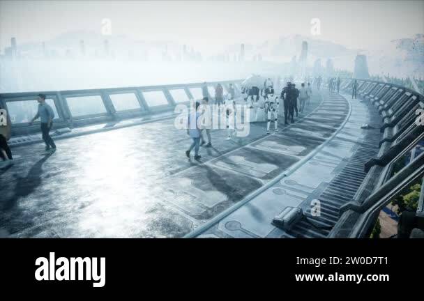 People and robots. Sci fi tonnel. Futuristic traffic. Concept of future ...