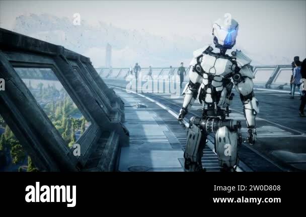 People and robots. Sci fi tonnel. Futuristic traffic. Concept of future ...