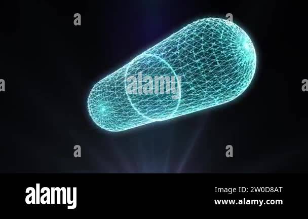 Hologram blue wireframe of rotating pharmaceutical capsule isolated on ...
