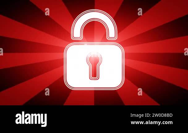 Lock icon in red abstract background with rays. Looping footage with ...