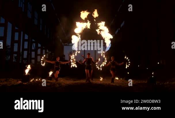 Professional fire show in the old hangar of the aircraft show ...