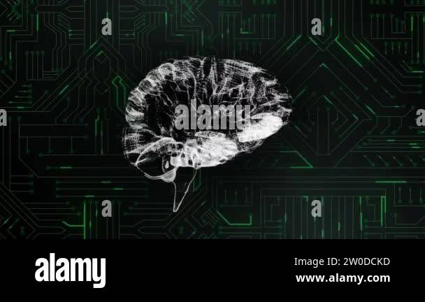 Digital animation of a white digital brain rotating in the screen while background shows a ...