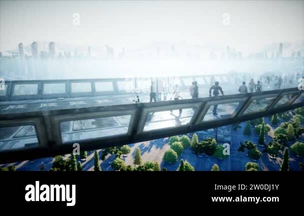 People and robots. Sci fi tonnel. Futuristic traffic. Concept of future ...