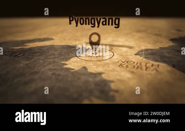 Pyongyang city on retro map in sepia color. Old atlas chart with mark ...