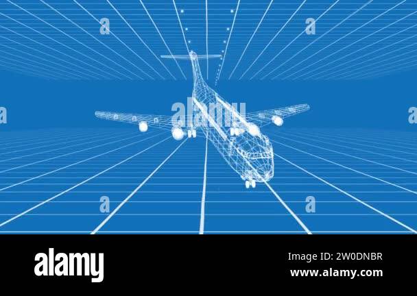 Digital animation of a 3D blue print structure of a plane on a grid ...
