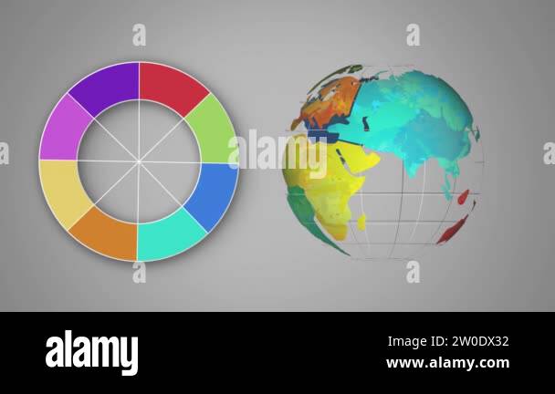 Digital animation of a color wheel beside a rotating globe. Maps on the ...