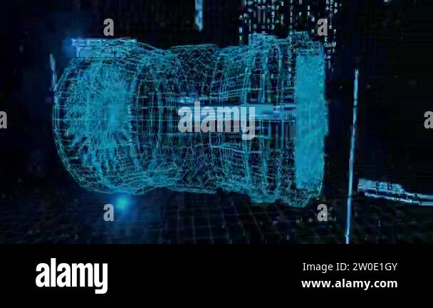 Digital animation of a 3D turbine model. The background is filled with ...