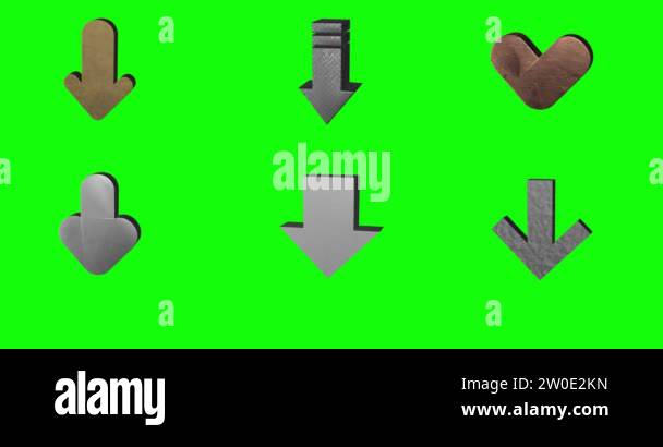 6 different metal arrows pointing down green screen animation 3d Stock ...