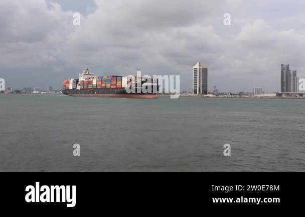 2nd June 2019, footage of a cargo ship loaded with container arrives ...