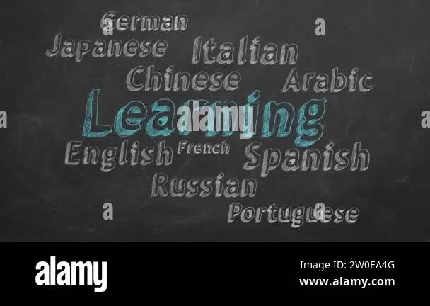 Animated text with different languages on blackboard. Stop motion ...