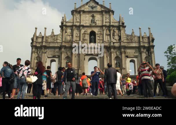 Macao - People in front of famous Ruins of St. Paul's Church. 4K ...