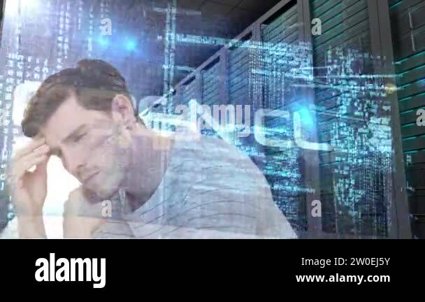 Animation of an anxious Caucasian man, looking at floating data with processing servers in the ...
