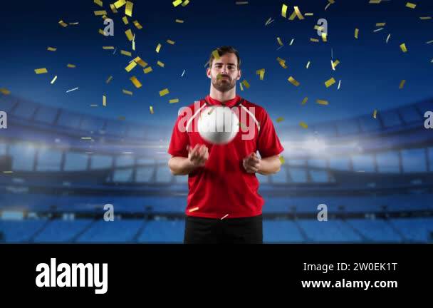 Animation of a Caucasian male rugby player holding a ball and looking ...