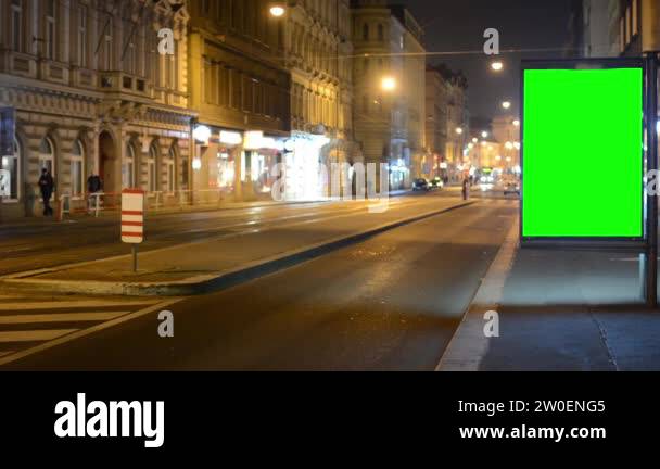 Billboard - green screen - night city - urban street with cars Stock ...