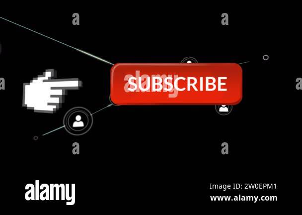 Digital animation of subscribe button with hand icon pointing towards ...