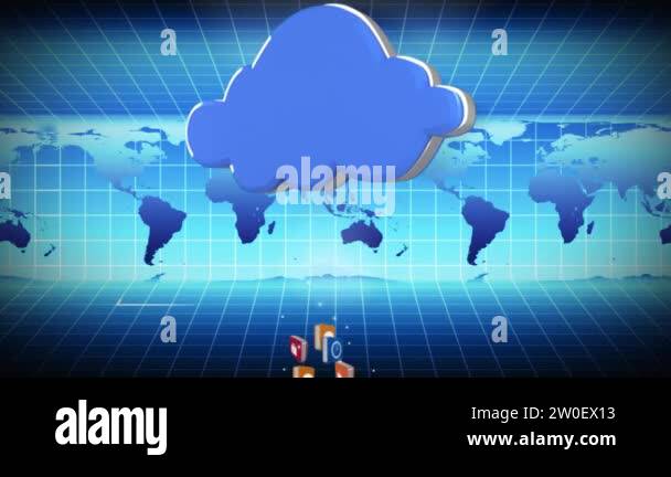 Digital animation of a cloud absorbing data. World map is moving across ...