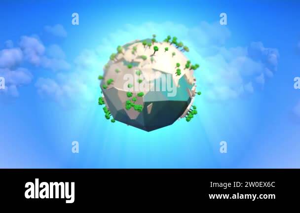 3D Cartoon Earth with low-poly style forests, map and clouds Stock ...