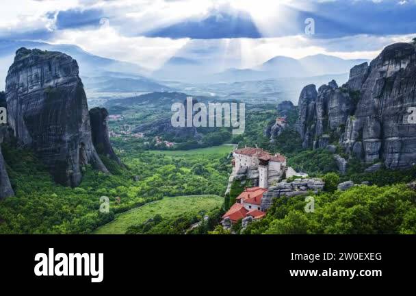 Astonishing view of Meteora valley at daytime, rays running across ...