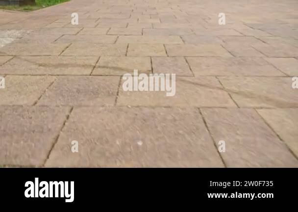 movement along a paved pedestrian walkway. unrecognizable people walk ...