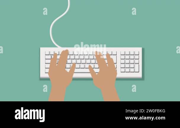 Flat Hands typing on white keyboard with cable and pastel background ... Flat Hands typing on white keyboard with cable and pastel background ...