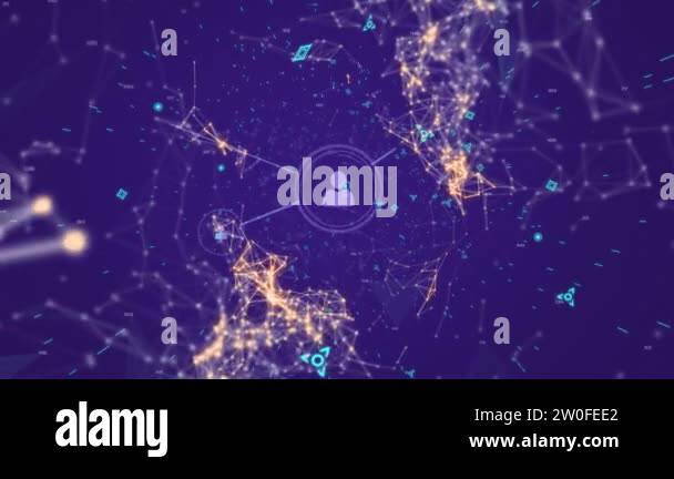 Digital animation of profile icons in circles connected by lines while asymmetrical lines with ...