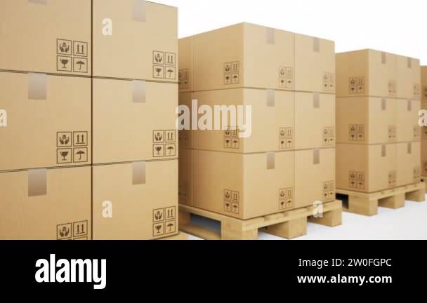Massive of pallets with cardboard boxes with goods on white background ...