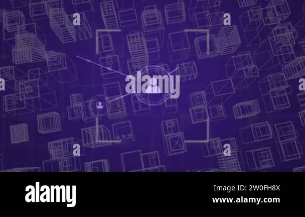 Digital animation of profile icons inside circles connected by asymmetrical lines with square ...