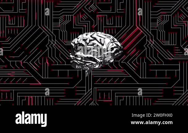 Digital animation of a silver brain rotating in the middle of the screen while background shows ...