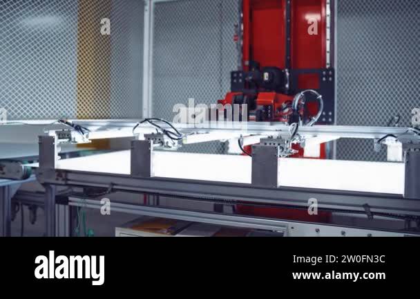 Production of solar panels. Automated equipment at work inside the ...