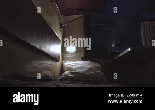 Inside compartment of corridor coach of railway passenger train. Empty ...