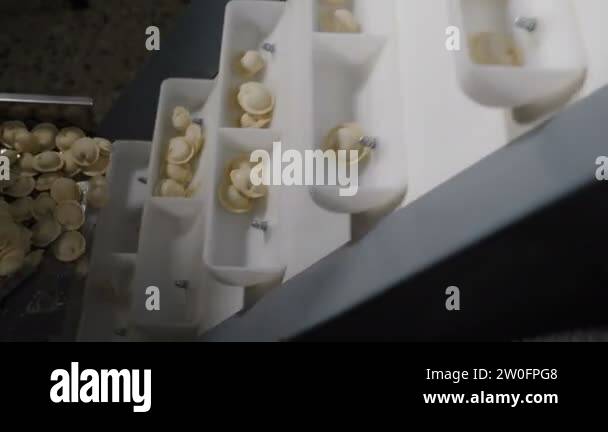 Close Up Footage of t Automatic Machine Production Process at Dumpling ...