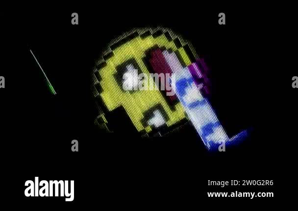 Abstract rotating smile, holographic symbol on digital old tv screen ...
