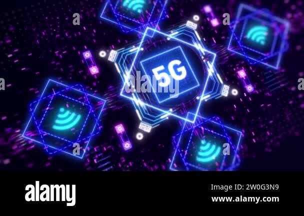 5G Network for mobile internet. Neon interface concept animation Stock ...