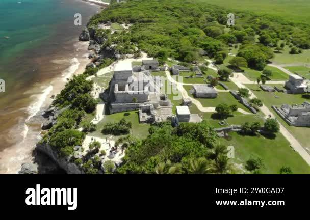 Mayan pyramid and ruins at Tulum, Mexico Aerial view of Mayan Ruins at ...