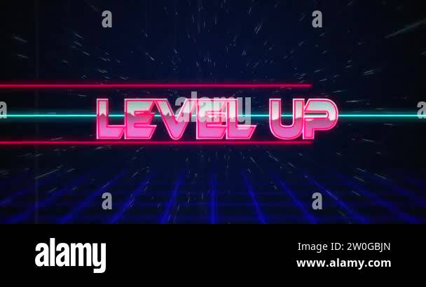 Animation of retro Level Up text glitching over blue and red lines ...