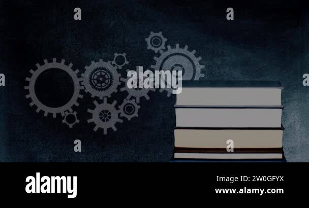 Digital animation of a pile of books and grey gears moving in the dark ...