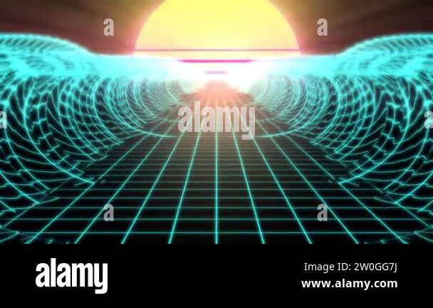 Synthwave Retro Wireframe Net Grid Ocean Tidal Waves and 80s Sun - 4K ...