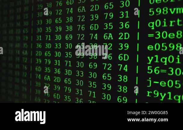 Program HEX code on scientific device screen, green text ASCI information, 4K UHD video Stock ...