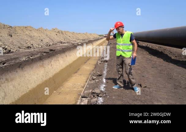 Engineer Writing on Clipboard in Slow Motion at Gas Pipeline ...