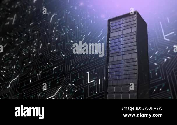Animation of mainframe computer tower in front of computer circuit ...