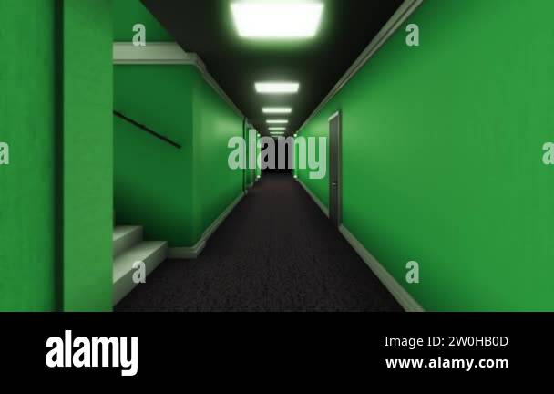 Long corridor with doors and darkness at end. Animation. Moving forward ...