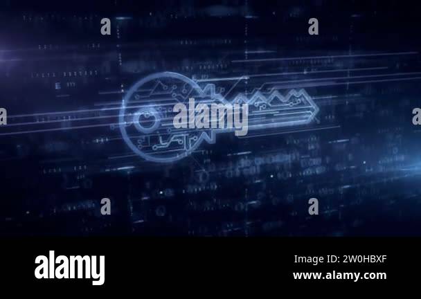 Cyber safety with key symbol hologram 3d animation. Modern concept of computer security ...