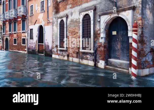 Ancient venetian buildings with cracked exterior walls and arched ...